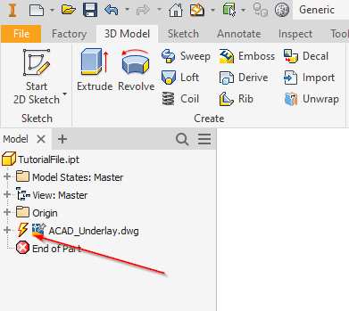What does the yellow lightning bolt mean in the Inventor model?