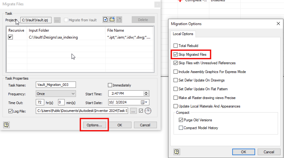 移植的 Inventor IPT 文件在移植 Vault 中存储的父 IAM 文件时将再次移植