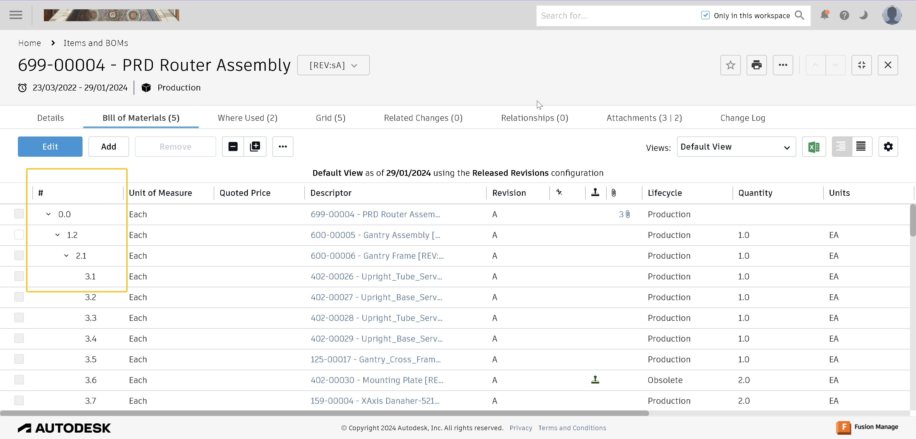 在 Fusion Manage 的现代化用户界面中展开 BOM 表行速度缓慢