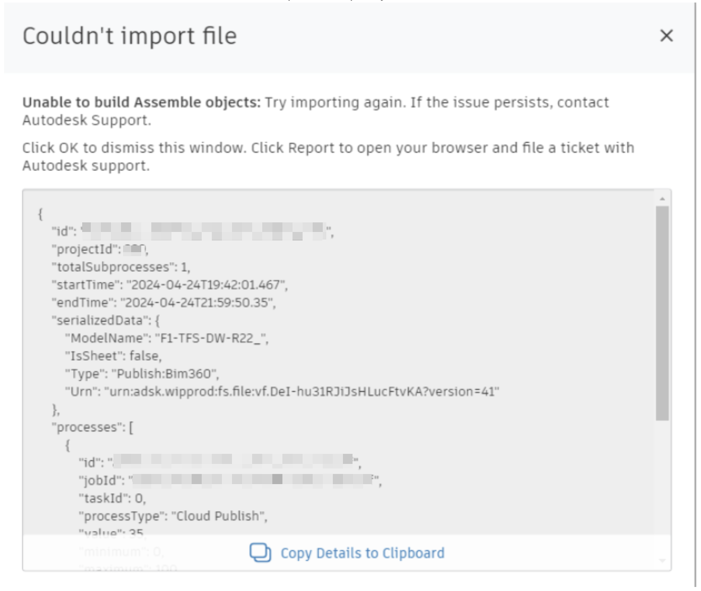 "Couldn't import file" error appears when importing ACC/ BIM 360 models to Assemble project.