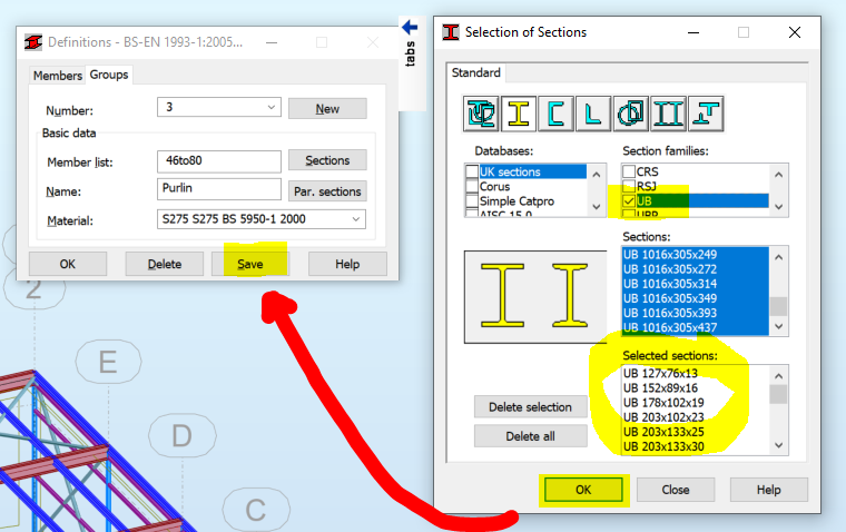 "Members have not been calculated because they are composed of sections ...