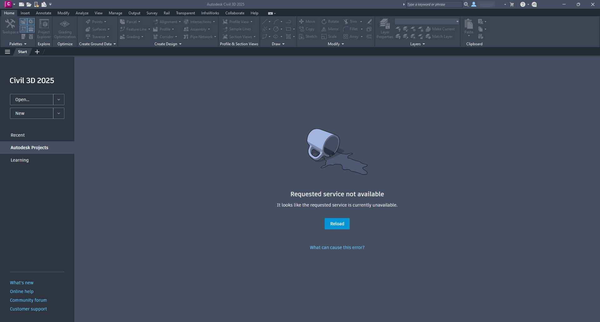 "Requested service not available" in Start tab in AutoCAD Products