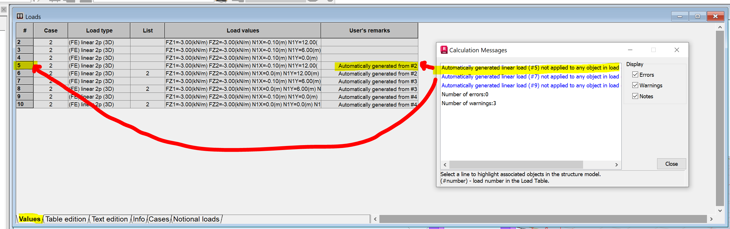 How to identify and correct graphically automatically generated linear loads not applied to any ...