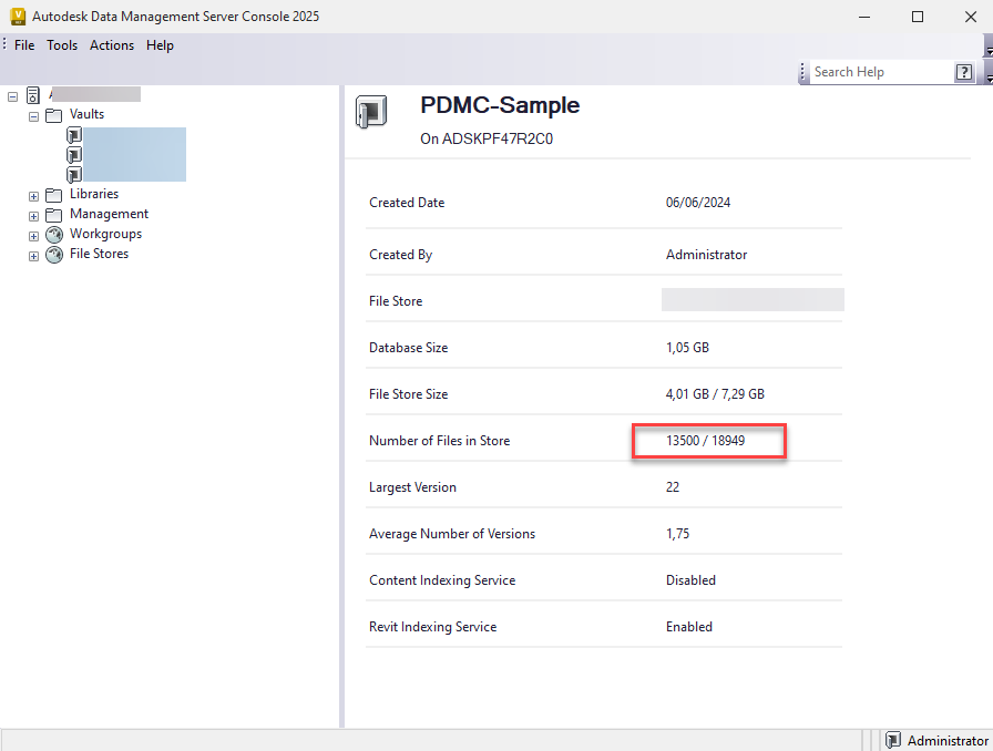 El número de archivos del almacenamiento de archivos no coincide en Vault ADMS Console