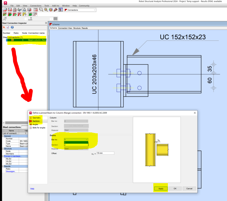 Incorrect section position for beam to column (flange) steel connection in Robot Structural Analysis