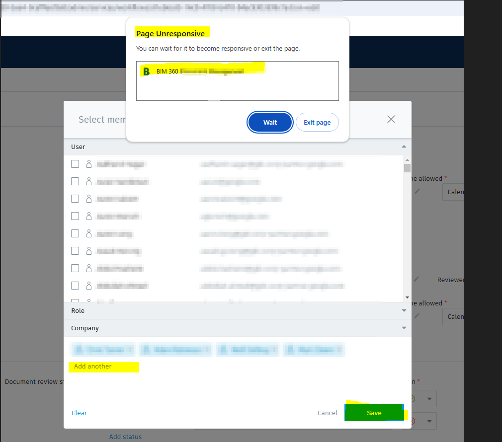 'Page unresponsive' when adding members to workflows in BIM 360