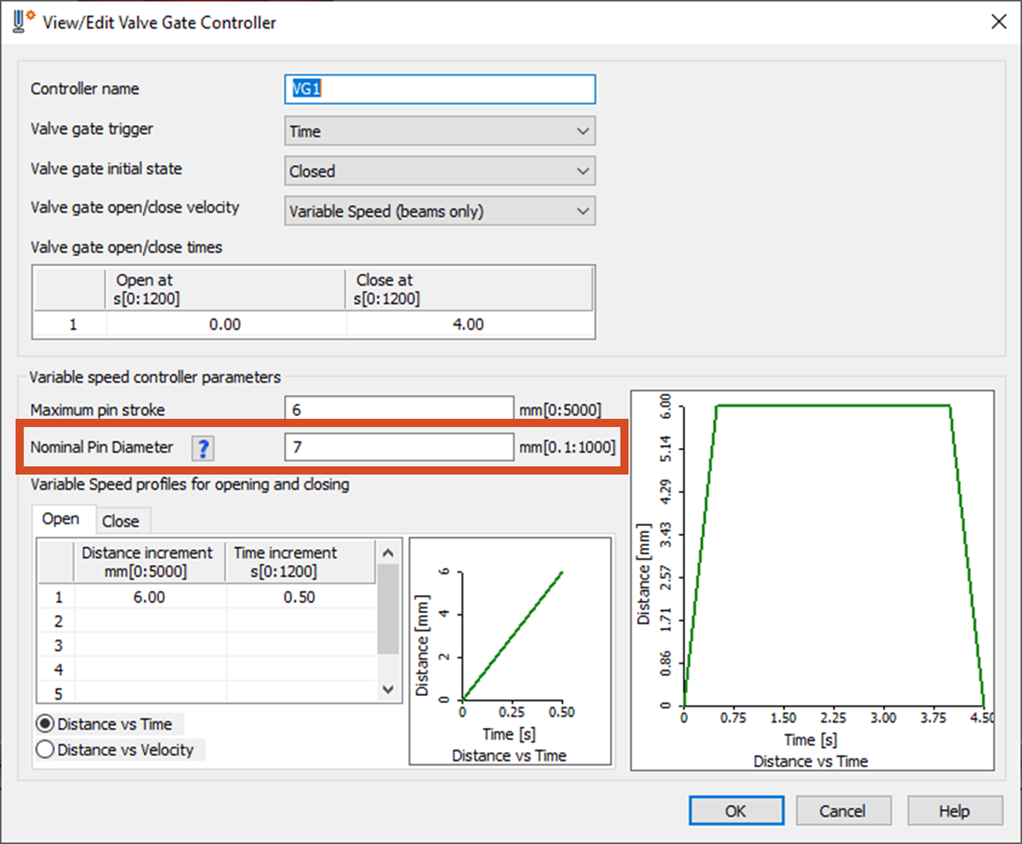ERROR 304519 ** The pin nominal diameter ..." message when using a variable speed valve gate ...