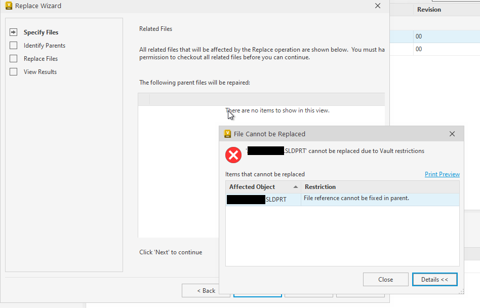 "File references cannot be fixed in parent" when replacing SOLIDWORKS file in Vault 2025