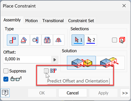 Place Constraint dialog shows an offset value instead of 0 in Inventor