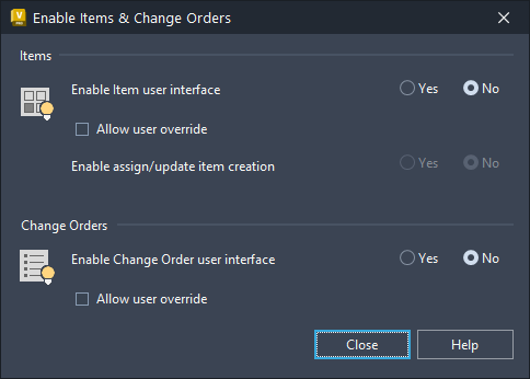 Items and Change Orders enablements are not changed by Configuration import