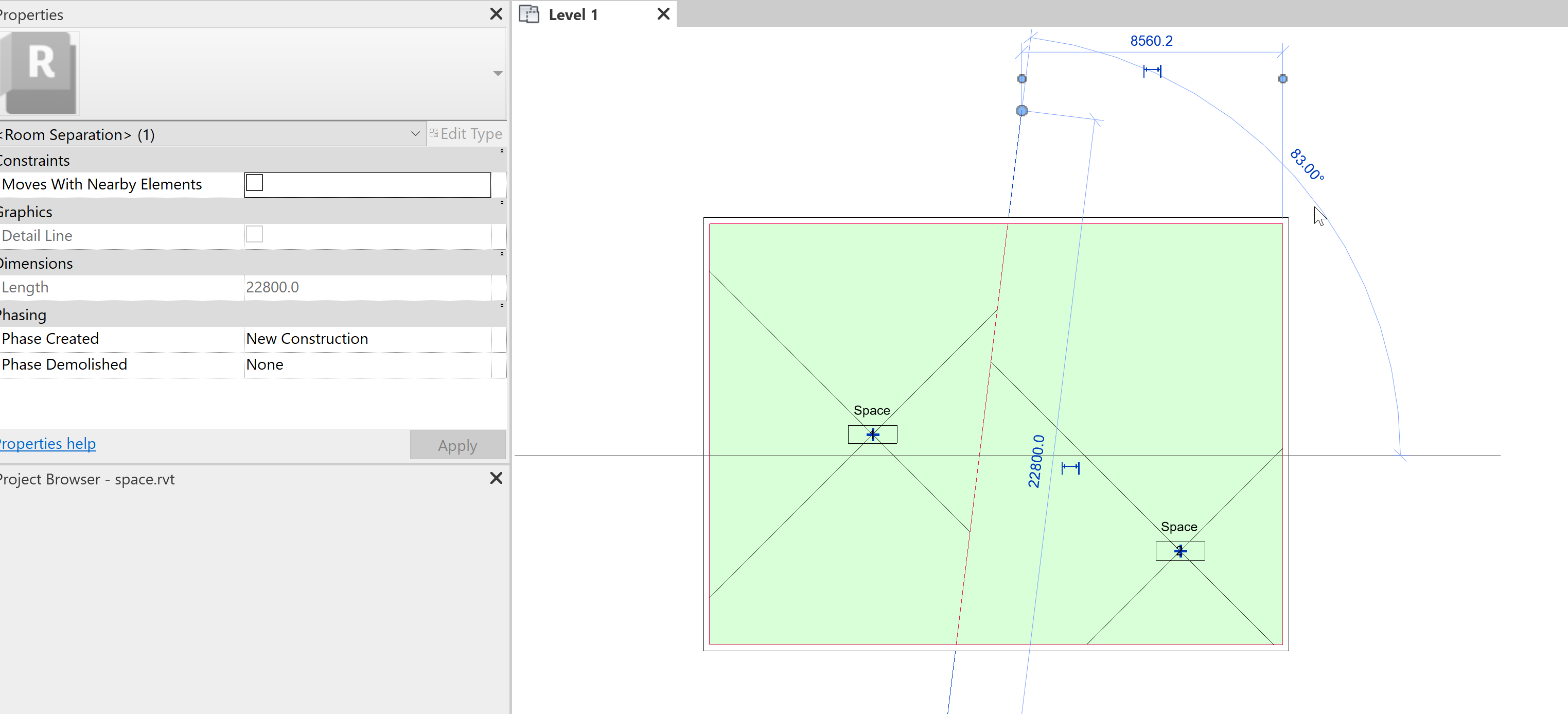 Spaces considers room separator lines in Revit