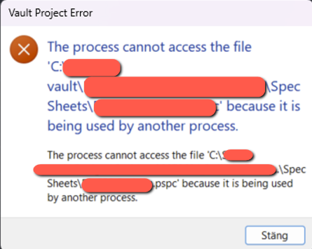 Error when trying to check out an AutoCAD Plant 3D spec a second time in a Vault-project