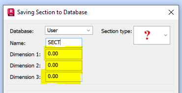 What is the meaning of dimensions while saving section to user database in Robot Structural Analysis