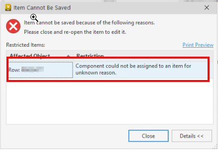 "Component could not be assigned to an item for unknown reason" when trying to turn on specific ...