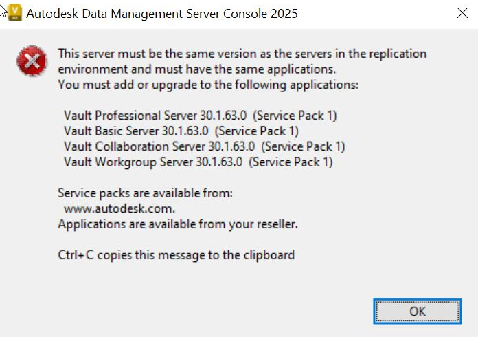“此服务器必须为同一版本...”连接到 Vault 服务器或打开 Autodesk Data Management Server （ADMS） 时