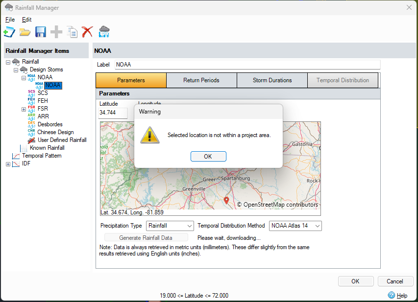 "Selected location is not within a project area" when importing NOAA ...