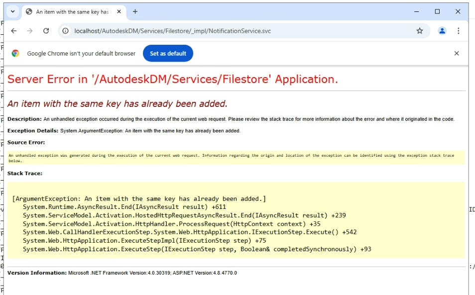 Vault Management Console の[管理]にアクセスしようとしたとき、または Vault を有効にしようとしたときに、「localhost でデータ管理サービスが見つかりませ ...