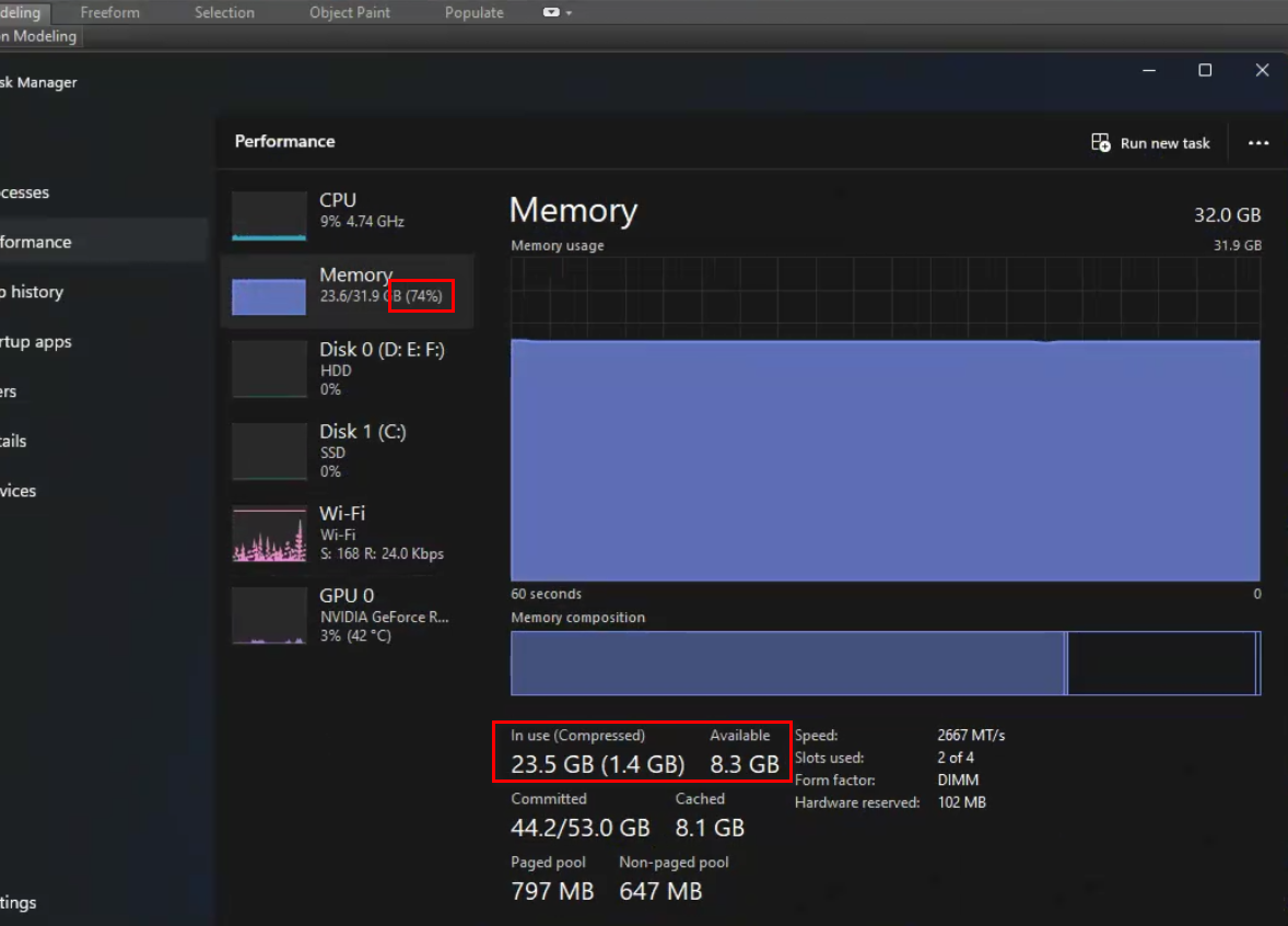 3ds Max UI의 검은색 텍스트 필드, 버튼 및 섹션