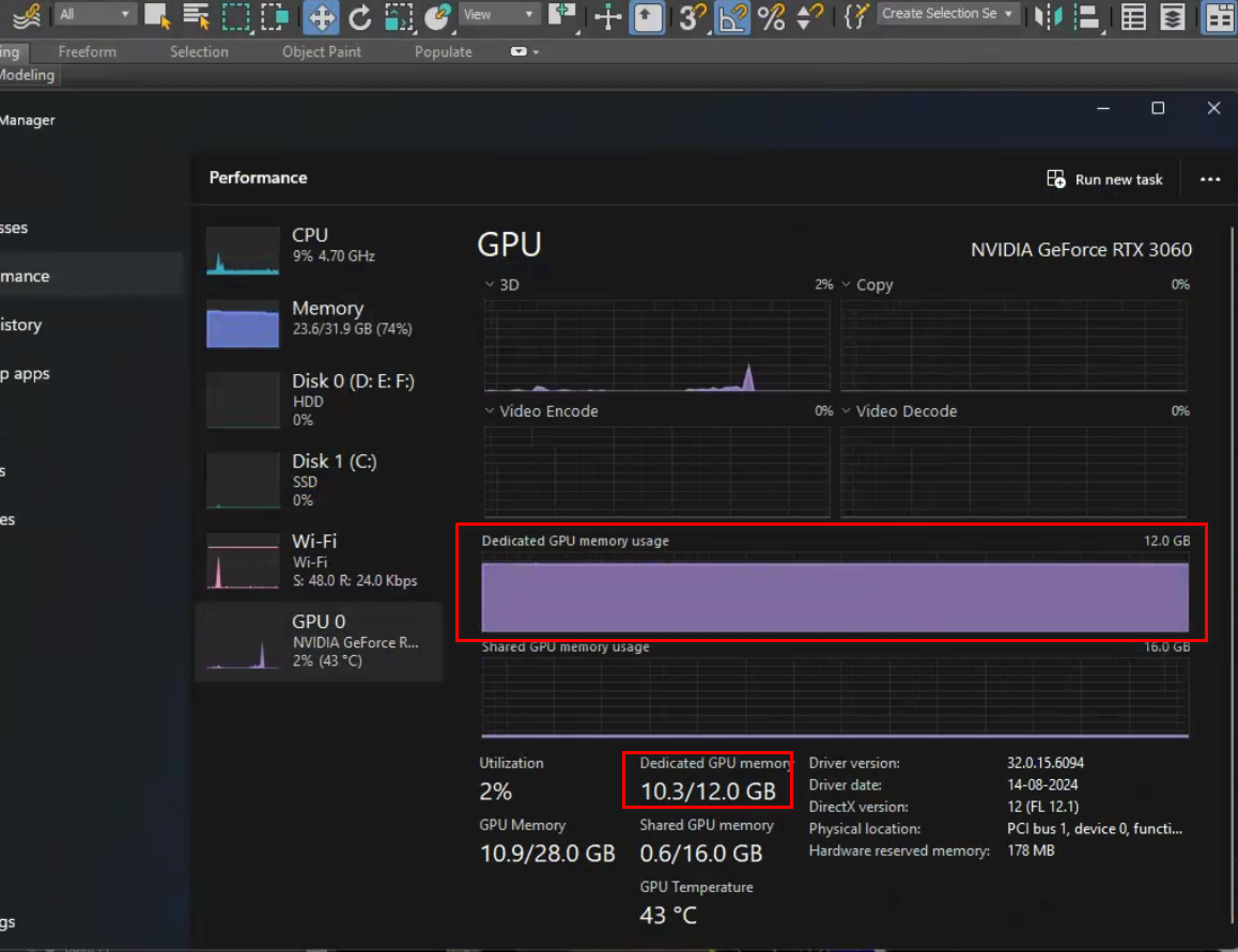 3ds Max UI의 검은색 텍스트 필드, 버튼 및 섹션