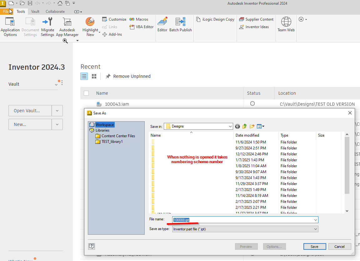 Open from Content Center and placing as custom in Inventor assigns number from Vault Numbering ...