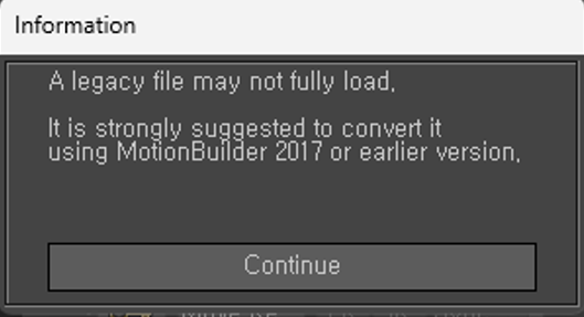 "A legacy file may not fully load" when loading FBX file to MotionBuilder 2024