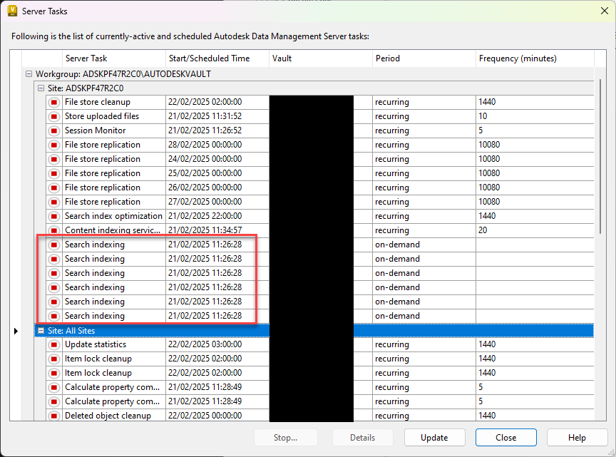 Vault 搜索索引服务器任务启动，但几天没有进展