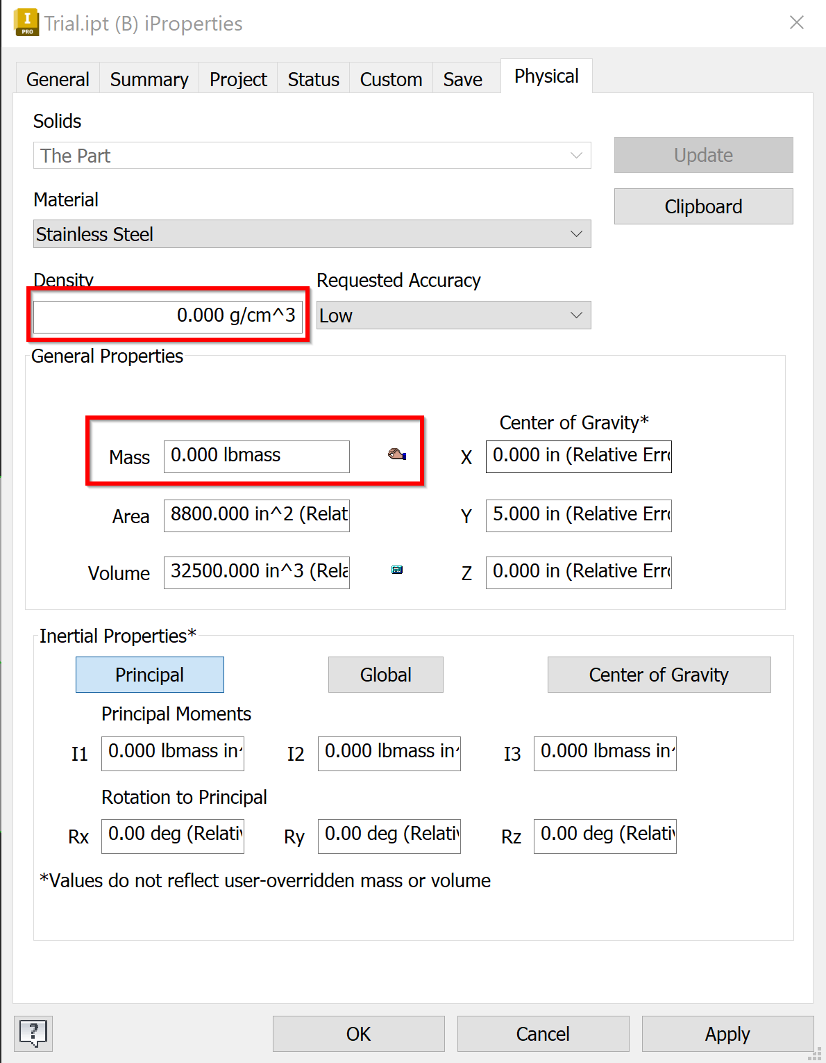 The density of the material for some part files displays a value of ...