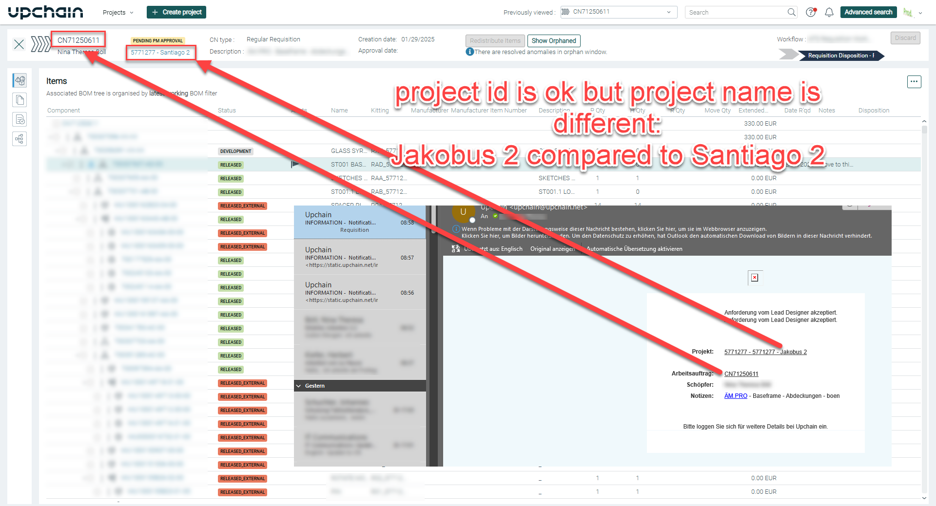 Project names in the email notifications are sometimes different from ...