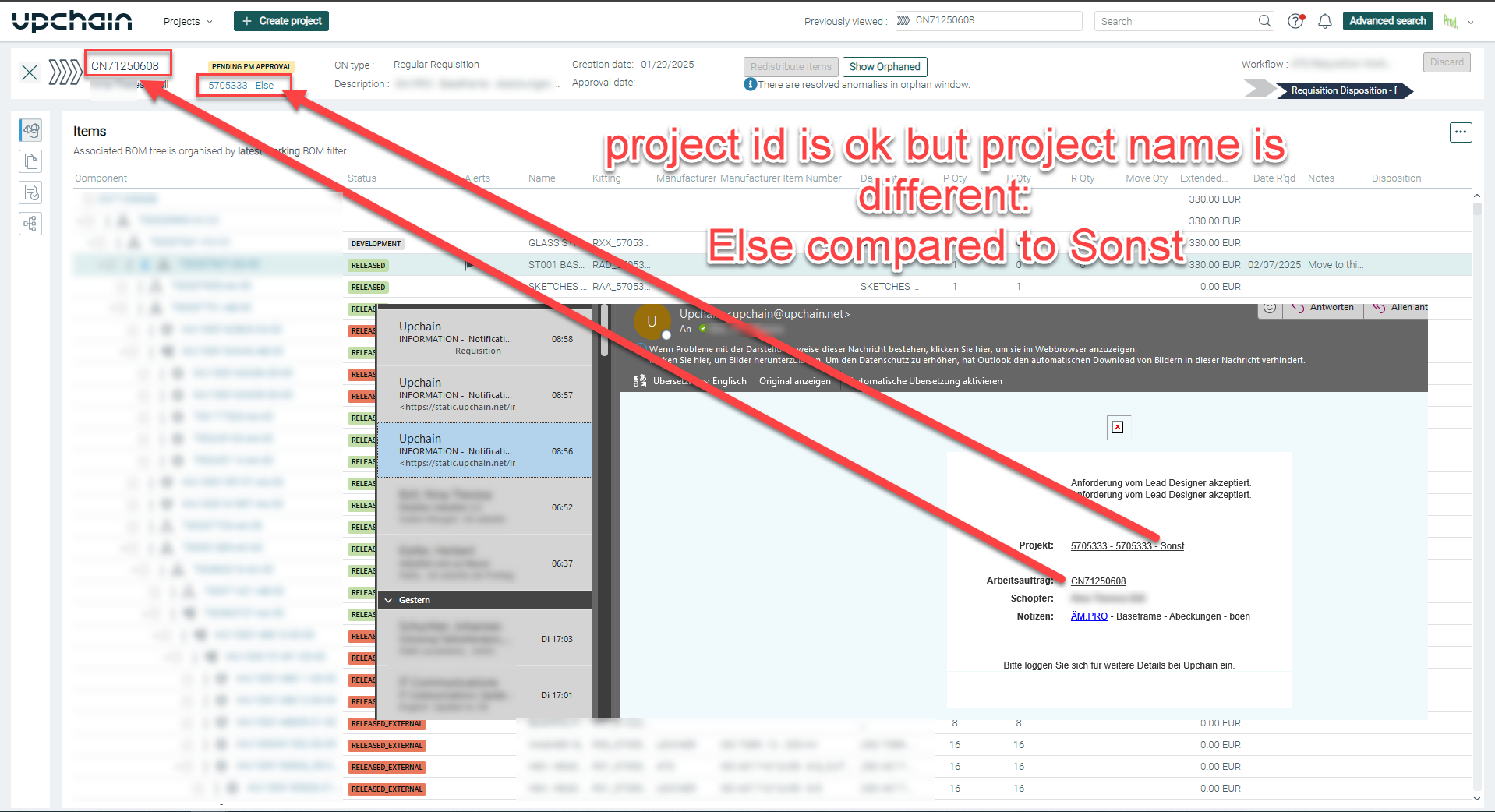 Project names in the email notifications are sometimes different from ...