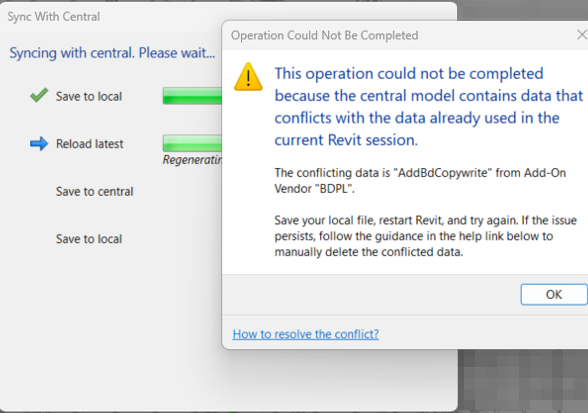 "This operation could not be completed because the central model contains data that conflicts ...