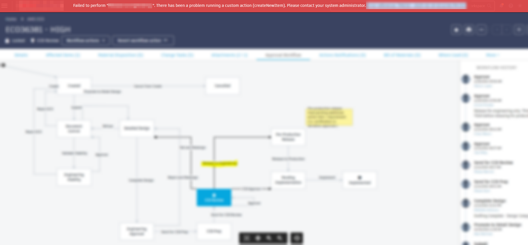 "There has been a problem running a custom action" Error when creating an item in Fusion Manage