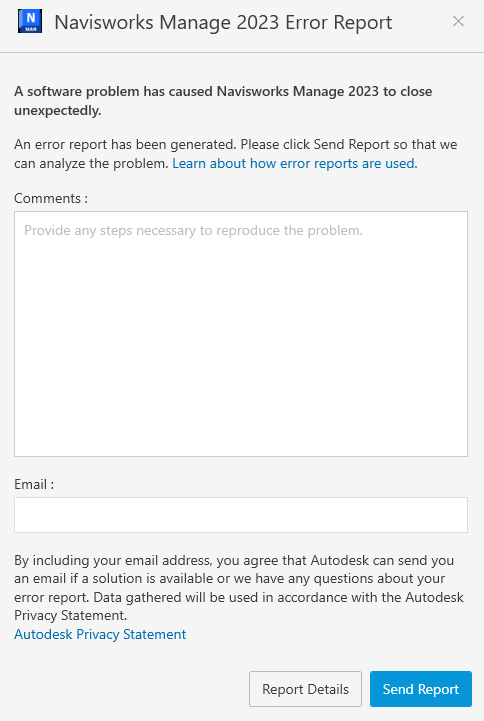 "A software problem has caused Navisworks to close unexpectedly" when ...