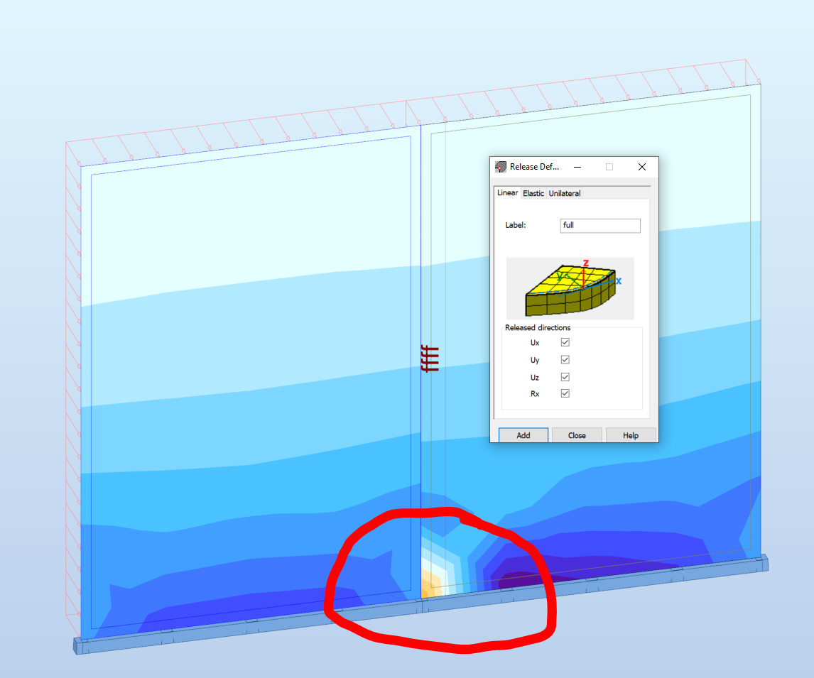 Non symmetrical results for wall split with linear release in Robot Structural Analysis