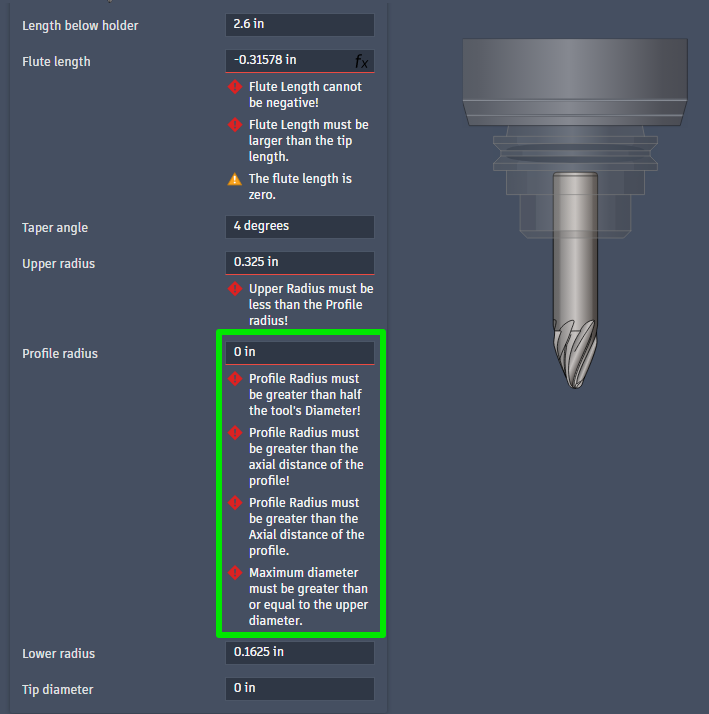 Circle segment taper tool won't allow zero profile radius in Fusion