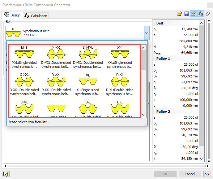 How to define more custom synchronous belts and pulleys in Inventor