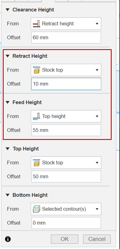"Retract Height Offset: the retract height must not be below the feed height" message in Fusion