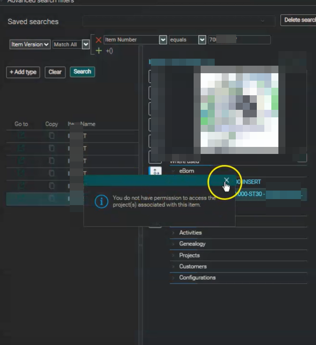 "You do not have permission to access the project(s)..." error received when accessing the item ...
