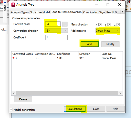 How to consider mass of selected model part while modal analysis in Robot Structural Analysis