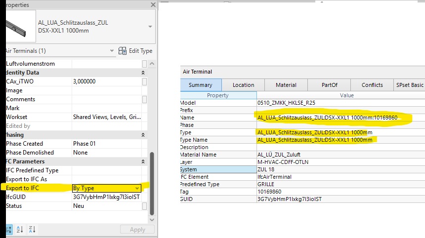 The same name of my family instead Type using "Export to IFC" set "By Type" exporting IFC from Revit