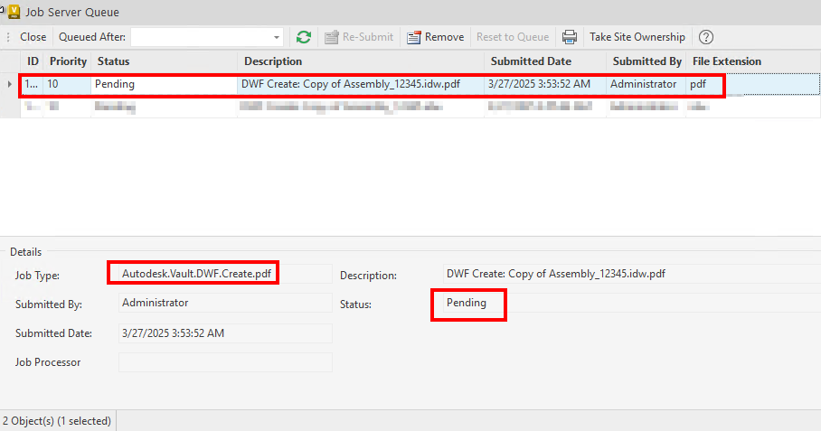 Pending task Autodesk.Vault.DWF.Create.[FileExtension] in Job Queue after updating the ...