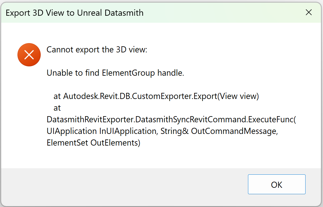 "Cannot export the 3D view: Unable to find ElementGroup handle" when exporting from Revit to ...
