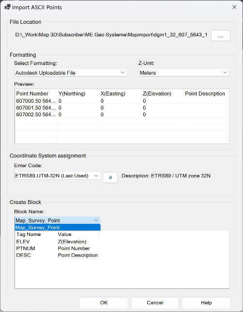 When importing ASCII points in AutoCAD Map 3D only the Map_Survey_Point block will be offered in ...