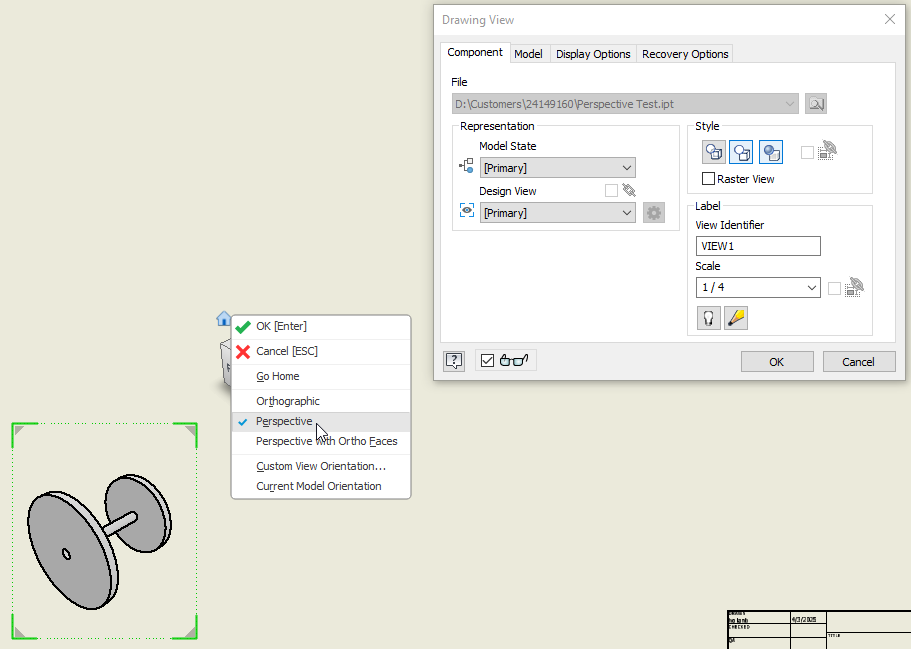 How to create a perspective veiw in an Inventor drawing?