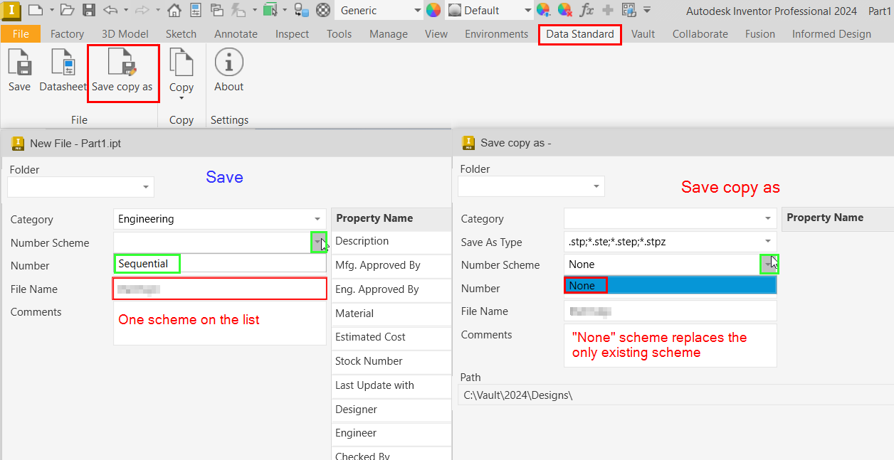 When using "Save copy as" (Vault Data Standard function), the "None" numbering scheme replaces ...