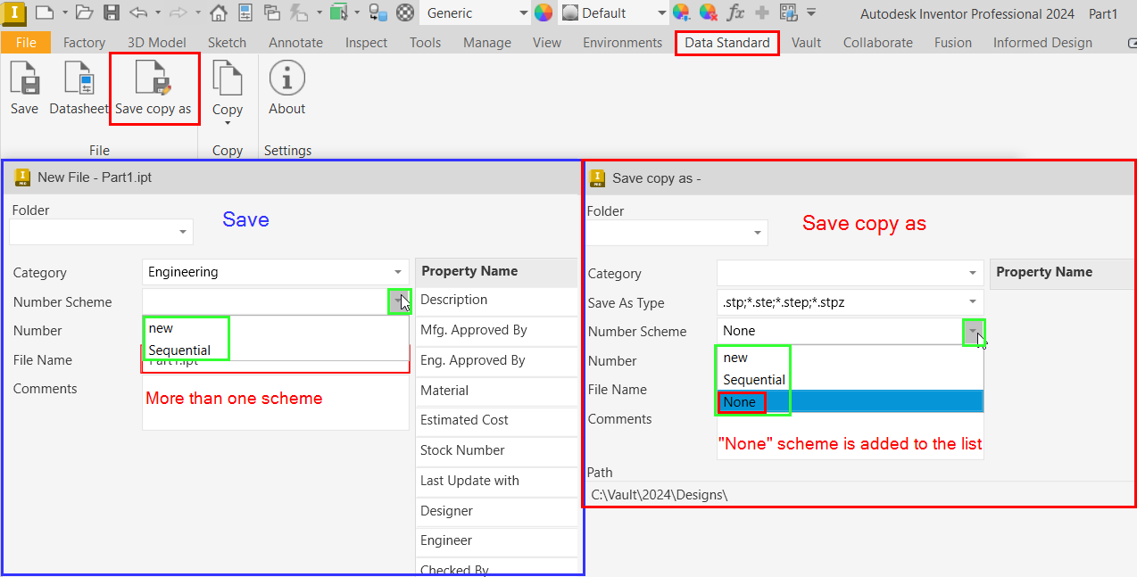 When using "Save copy as" (Vault Data Standard function), the "None" numbering scheme replaces ...