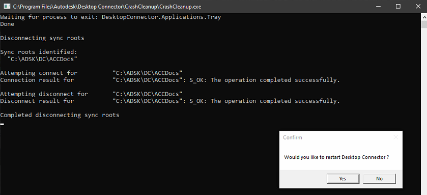 "Waiting for process to exit: DesktopConnector.Applications.Tray [...] Would you like to restart ...