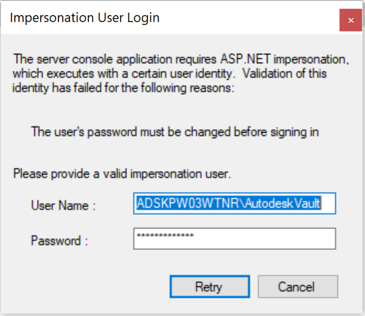 "The user's password must be changed before signing in" When starting ADMS with Vault