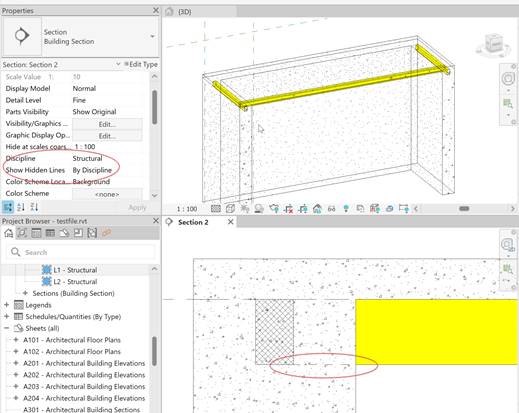 How to display beams' hidden lines in walls's cross section in Revit