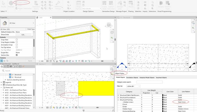 How to display beams' hidden lines in walls's cross section in Revit