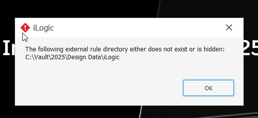 Warning about missing iLogic folder appears on Inventor start, when Design Data is synchronized ...